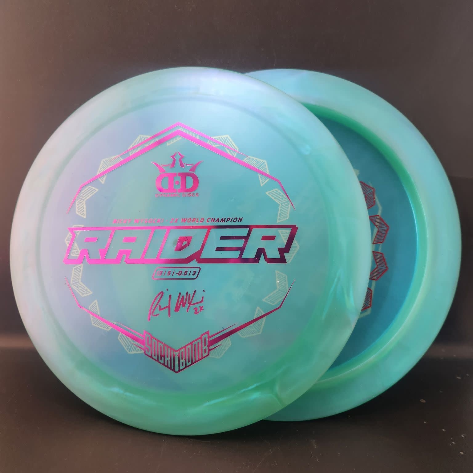Dynamic Discs Lucid-Ice Glimmer Raider Ricky Wysocki Bottom Stamp ...