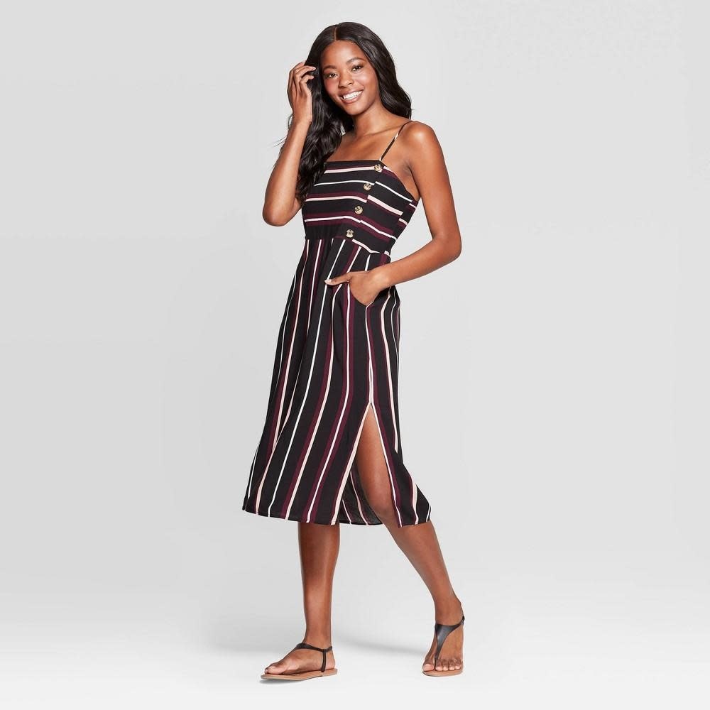 Women's Striped Sleeveless Square Neck Side Button Midi Dress ...