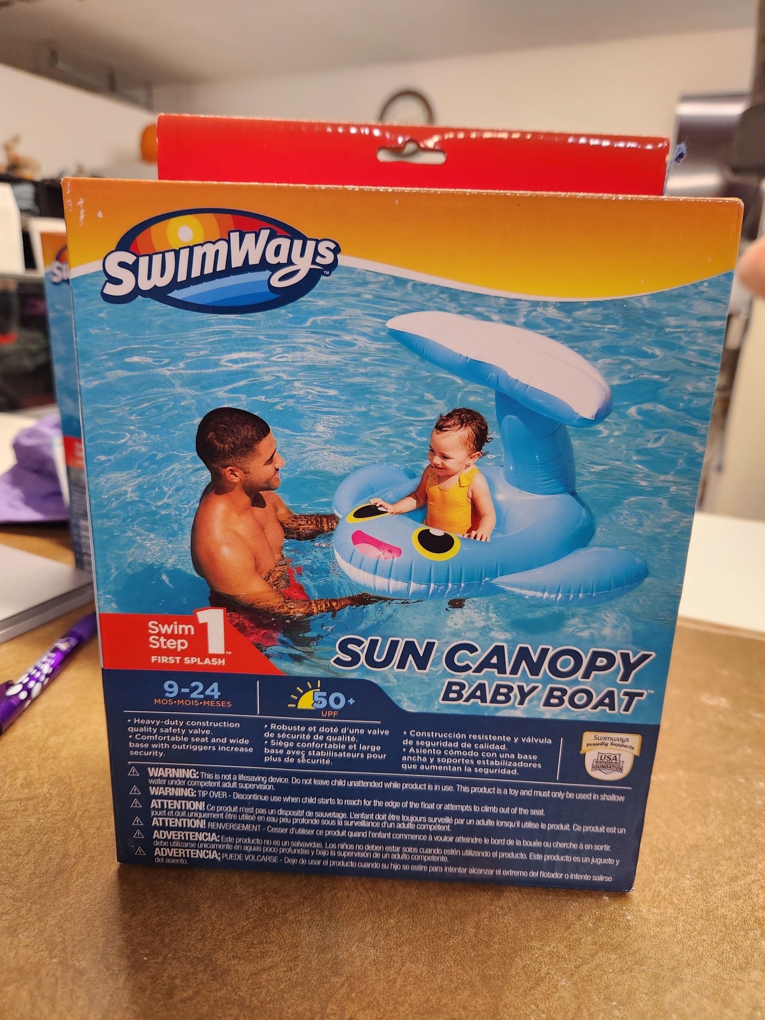 SwimWays Sun Canopy Baby Boat Step 1 Ages 9-24 Months Swimming Whale ...