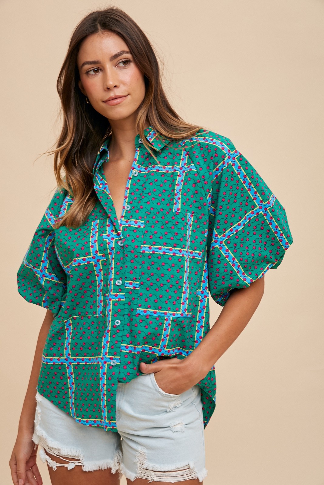 Geometric Print Bubble Sleeve Blouse - Kirby's Kloset