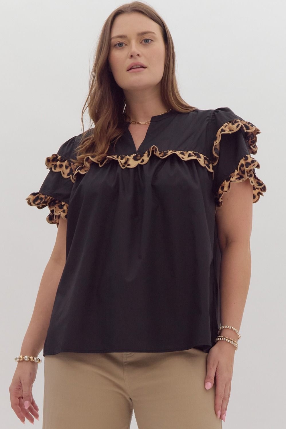 Leopard Piping Ruffle Blouse - Kirby's Kloset
