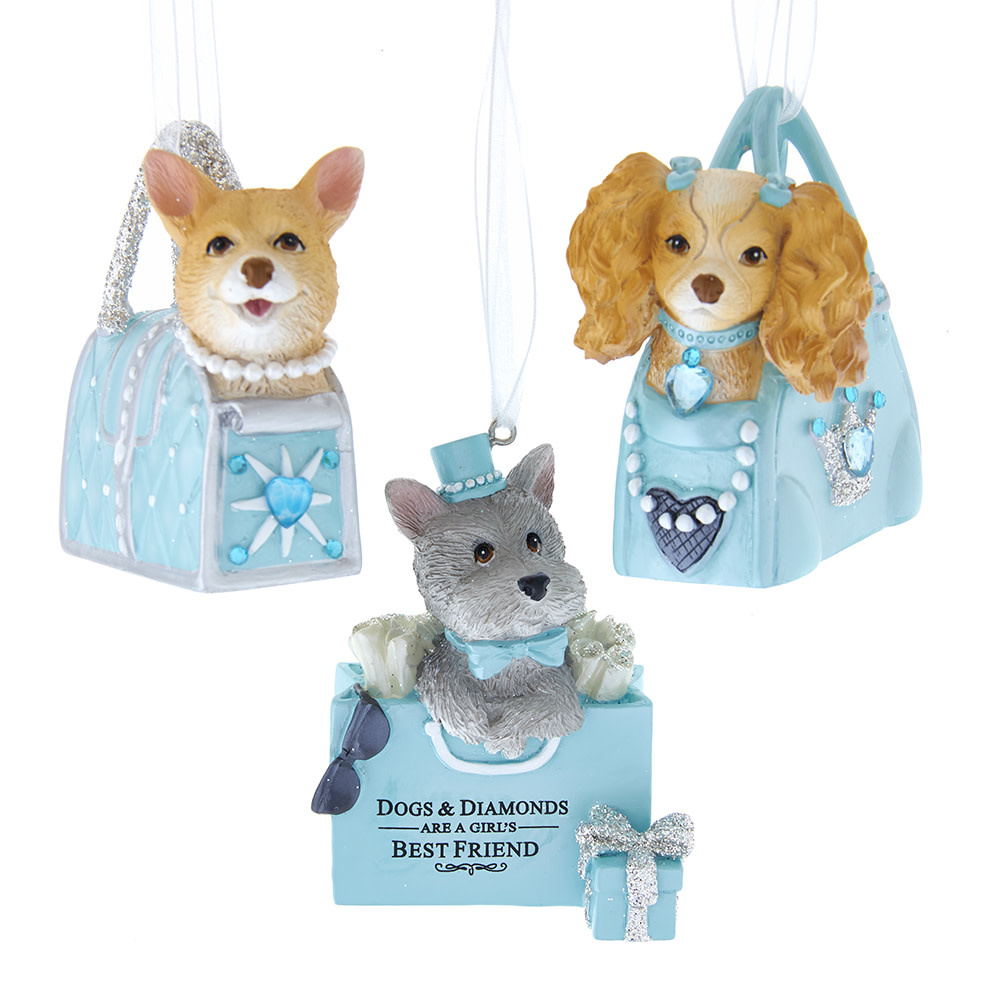 Dogs In Tiffany Blue Purse Ornaments 3 Assorted - Digs N Gifts