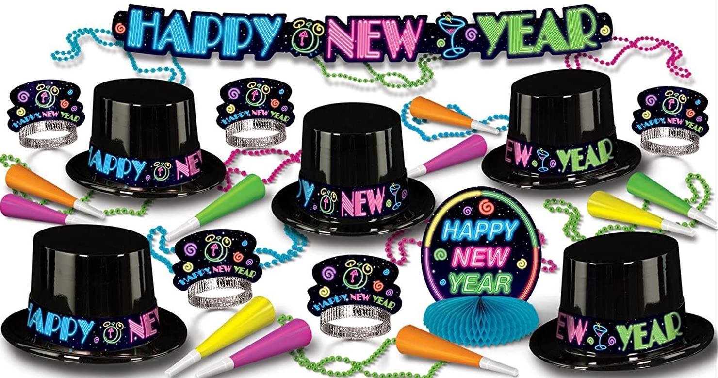 Beistle Neon Happy New Year Party Supplies Set For 10 People - Digs N Gifts