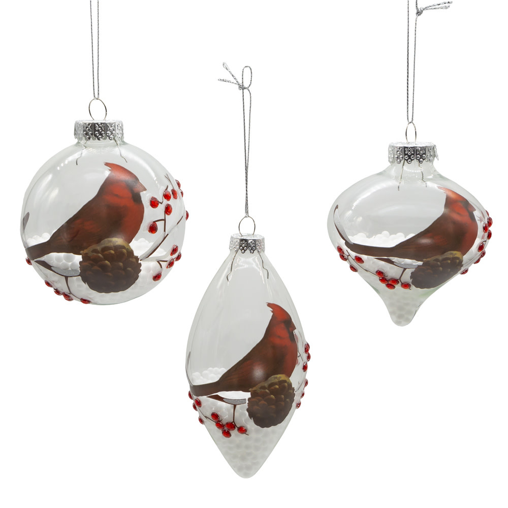 Glass Cardinal Ornaments 80MM Set of 3 Assorted Shapes - Digs N Gifts