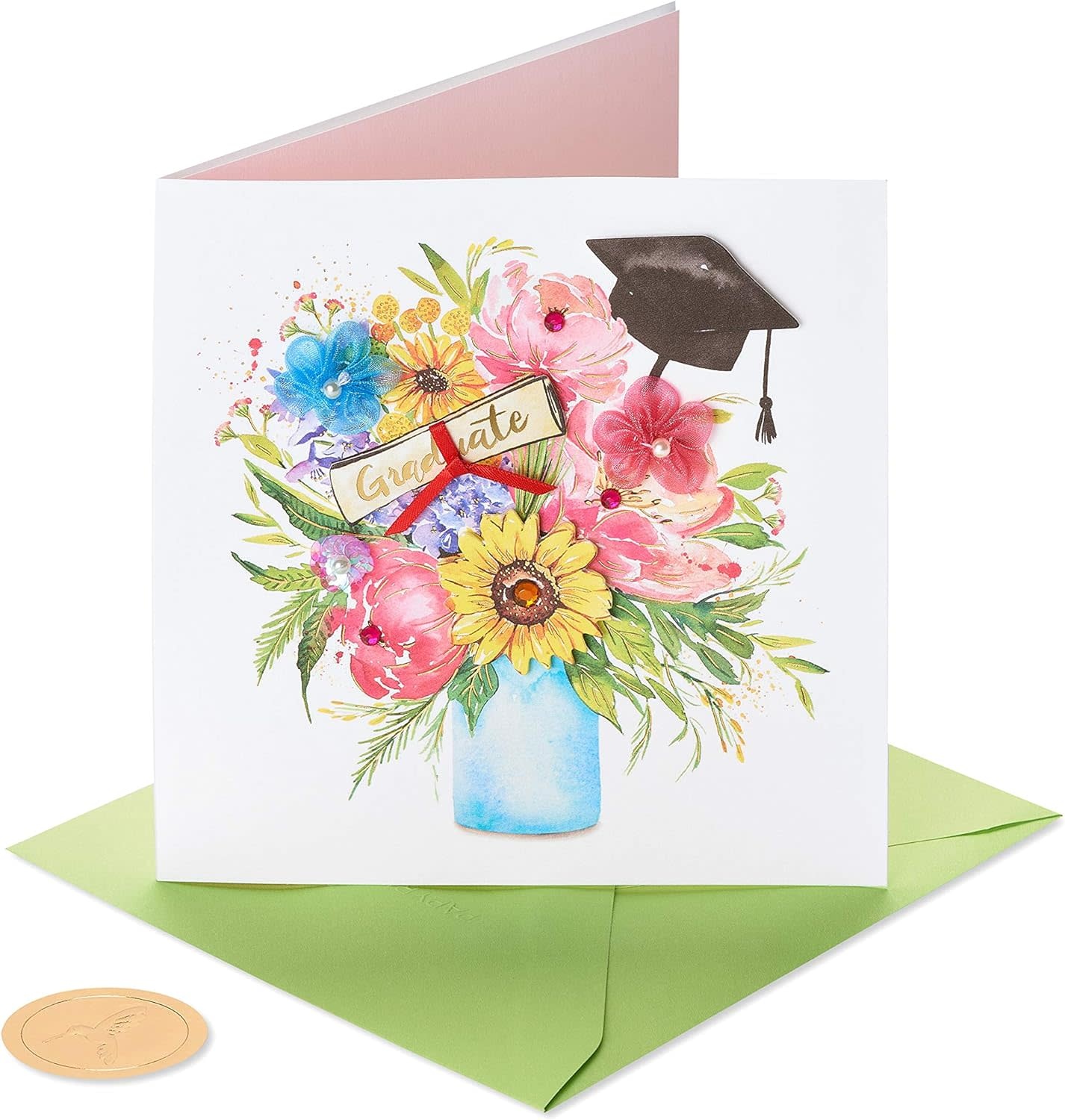 Graduation Card Florals In Vase Cap N Diploma - Digs N Gifts