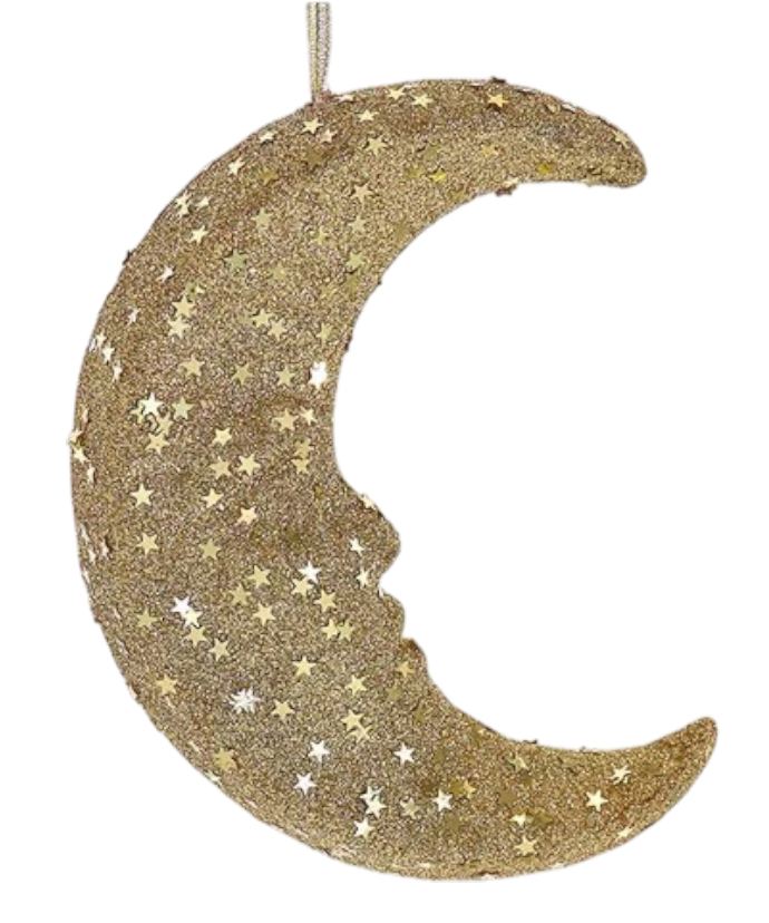 Gold Crescent Moon Ornament w Star Shaped Sequins - Digs N Gifts