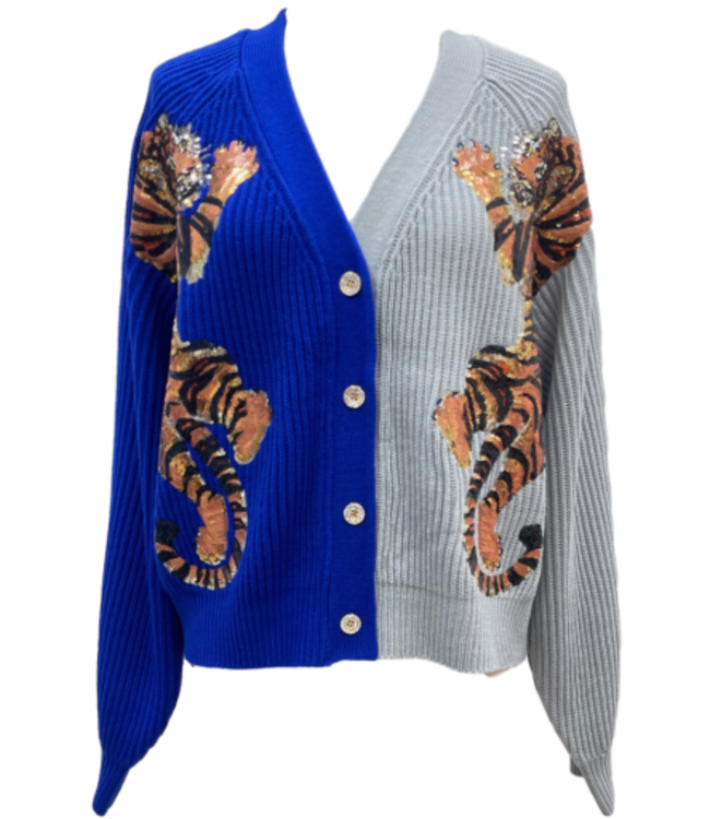 LICENSED-ROYAL & GREY TIGER CARDIGAN - Meri's Boutique