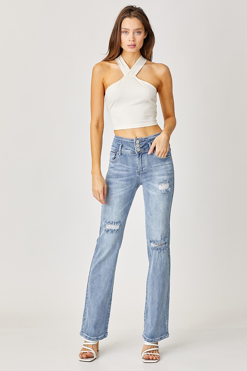 RDP5195 Hi Rise Button Straight Jeans - Meri's Boutique