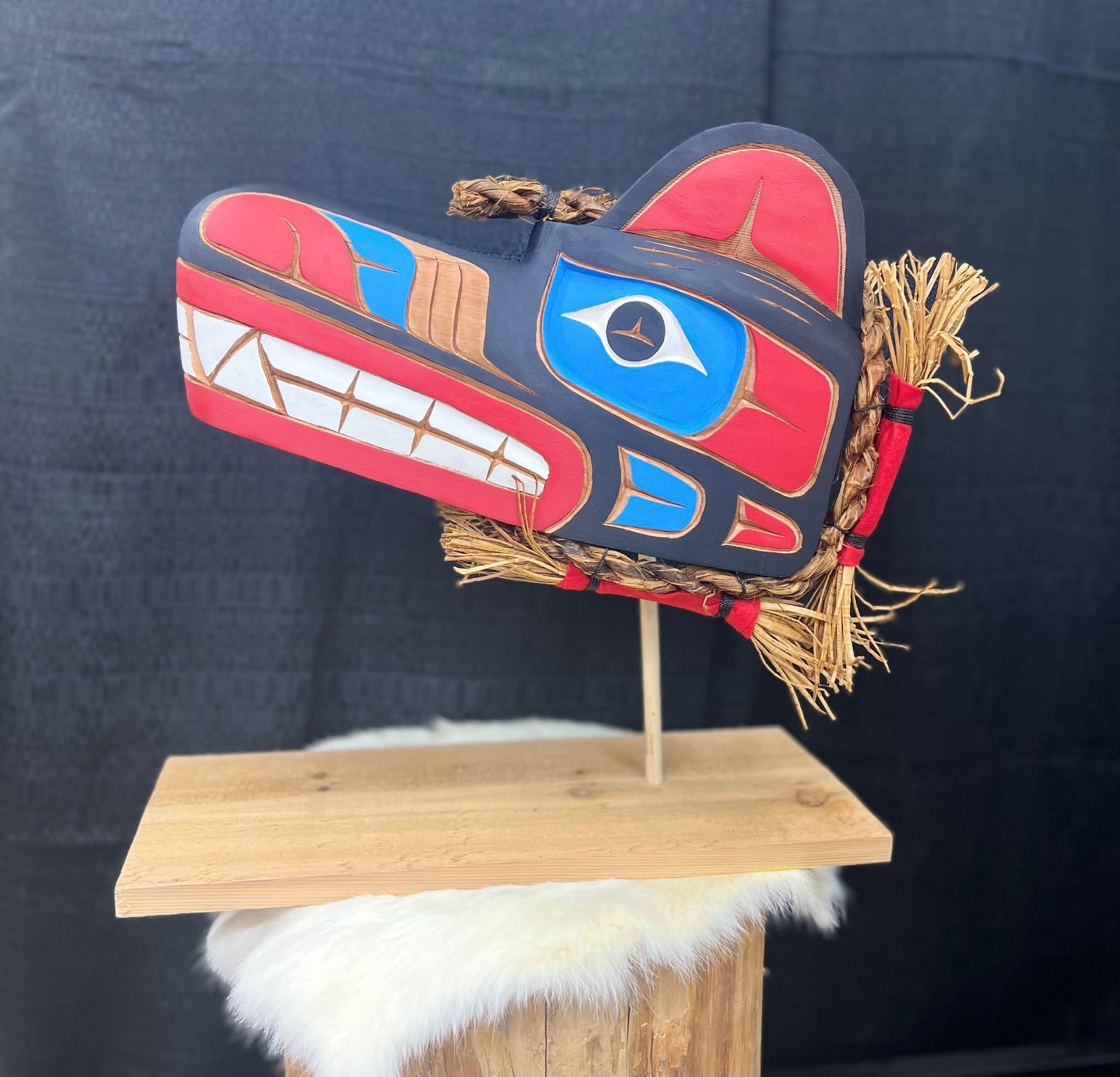 Hand Carved Cedar Wolf Mask with Stand by George Price - Stó∶lō Gift Shop