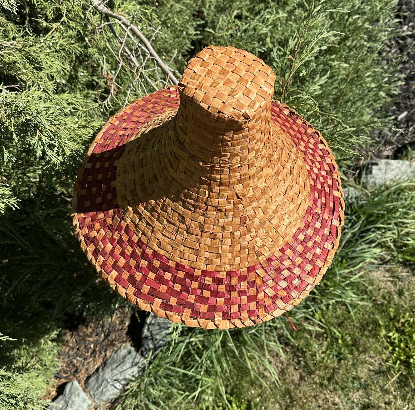 Traditional Woven Cedar Hat Red Strip by Johnny Tuktu - Stó∶lō Gift Shop