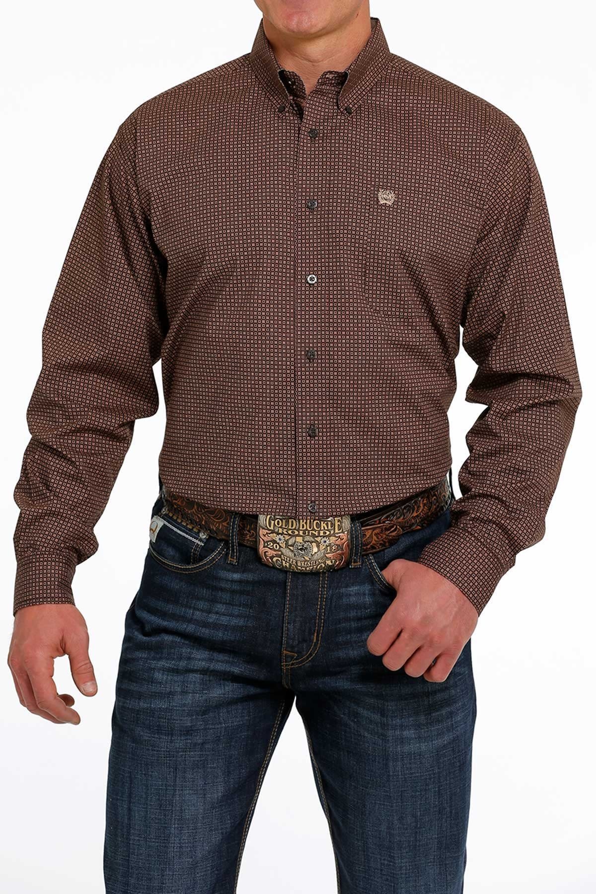 Mens Cinch Long Sleeve Brown Tan Mini Square Print Western Stretch ...