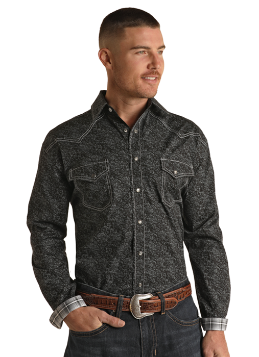 Mens Panhandle Roughstock Two Pocket Black Print Long Sleeve Snap ...