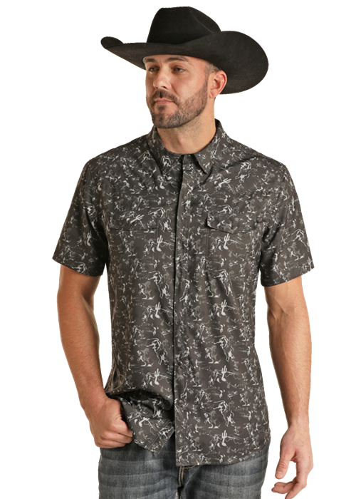 Mens Rock & Roll Two Pocket Western Print Rip Stop Short Sleeve Snap ...