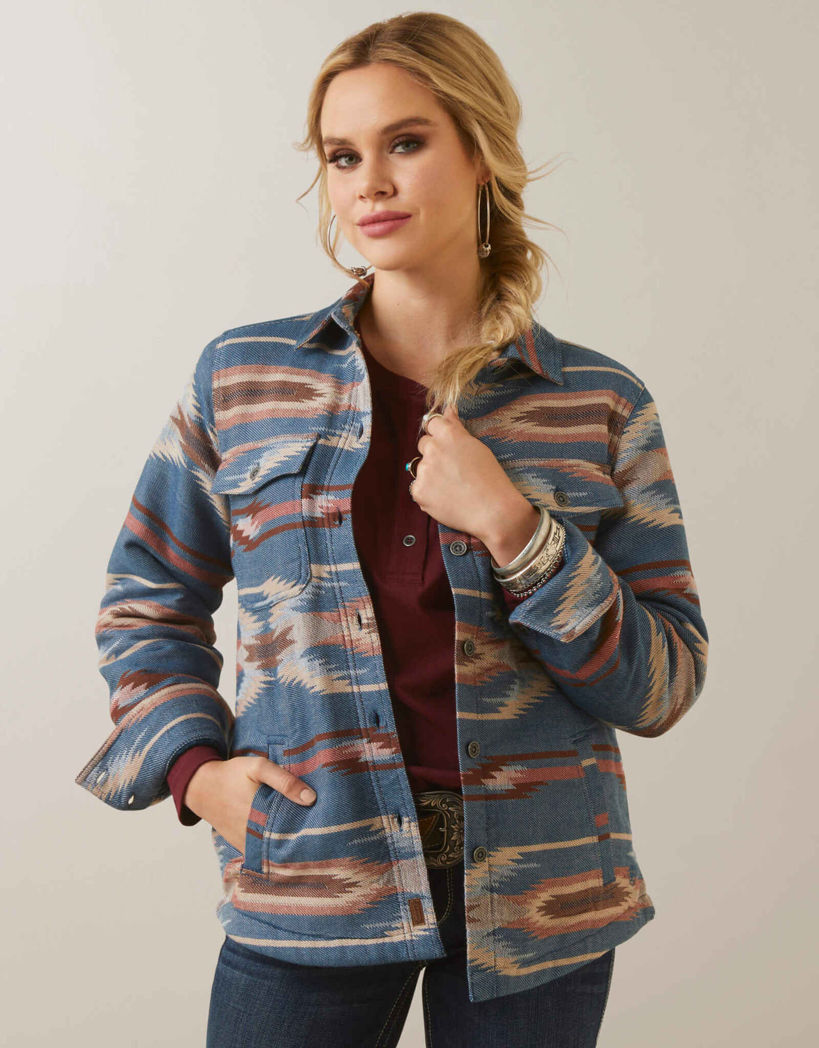 Womens Ariat Blue Chimayo Sherpa Lined Shacket Jacket - Cowpokes ...