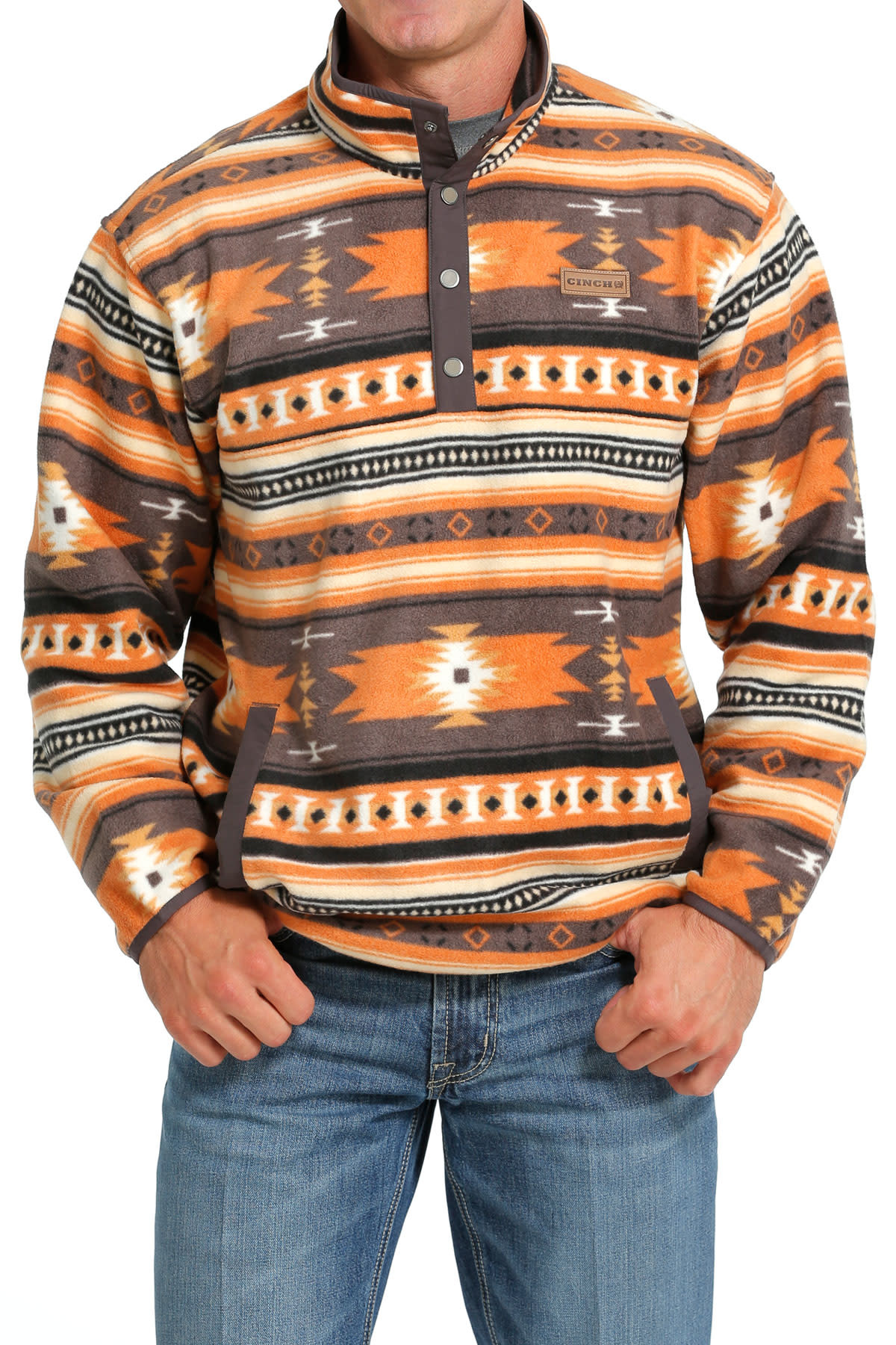 Mens Cinch Grey and Orange Aztec Polar Fleece Quarter Snap Pullover ...