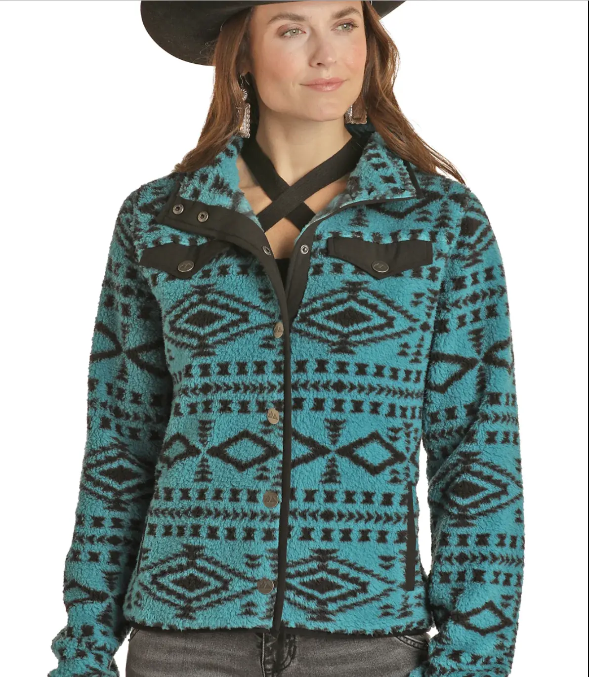 Womens Powder River Turquoise Black Berber Button Jacket - Cowpokes ...