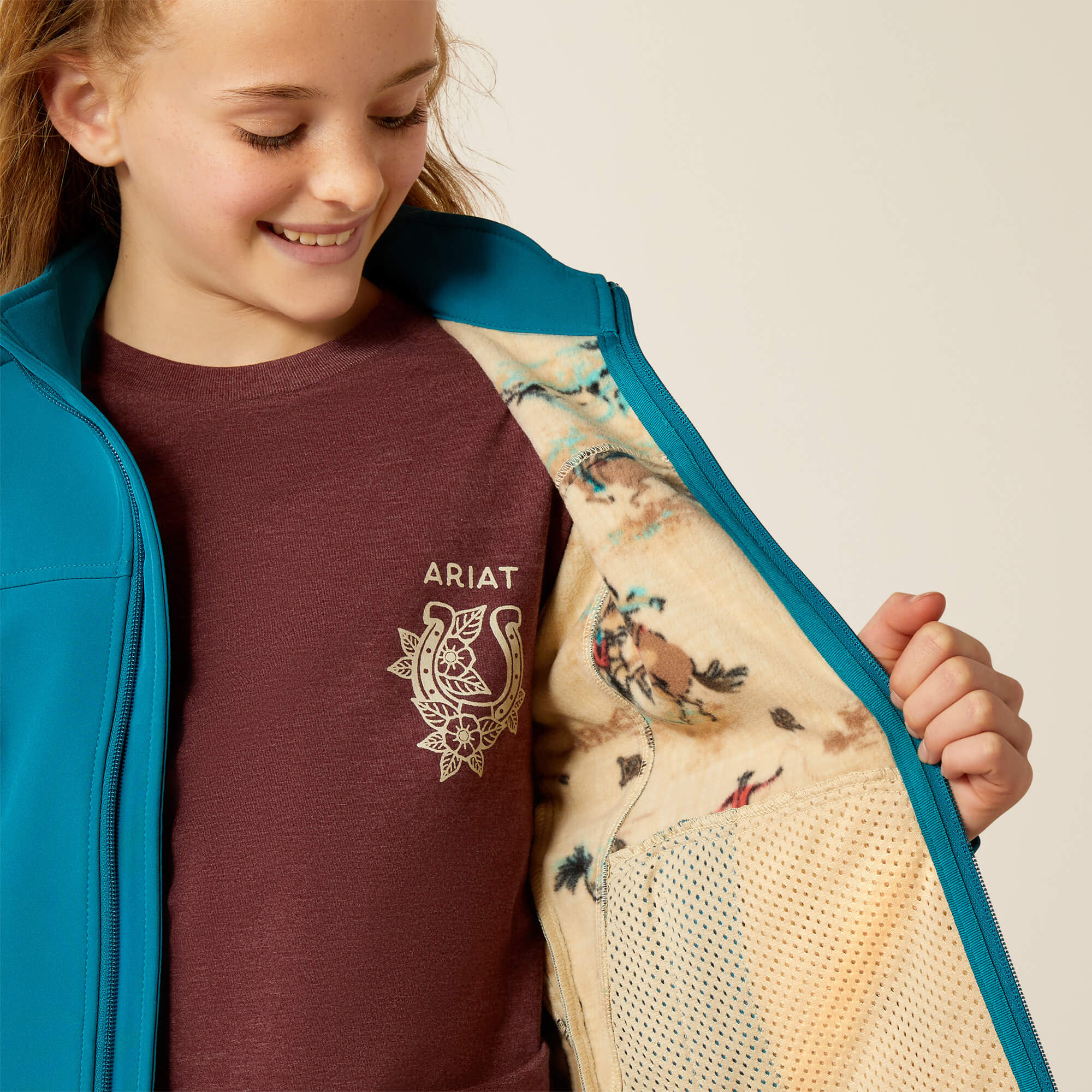 Ariat Girls New Team Turquoise Softshell Western Print Fleece Lined ...