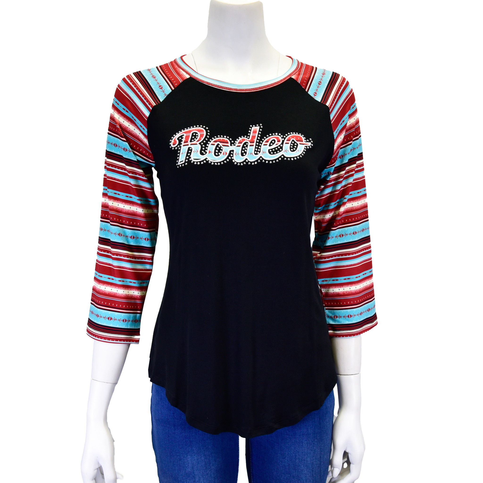 Womens Cowgirl Hardware Black Red Serape Rodeo 3/4 Sleeve Blouse - Cowpokes Western Shop