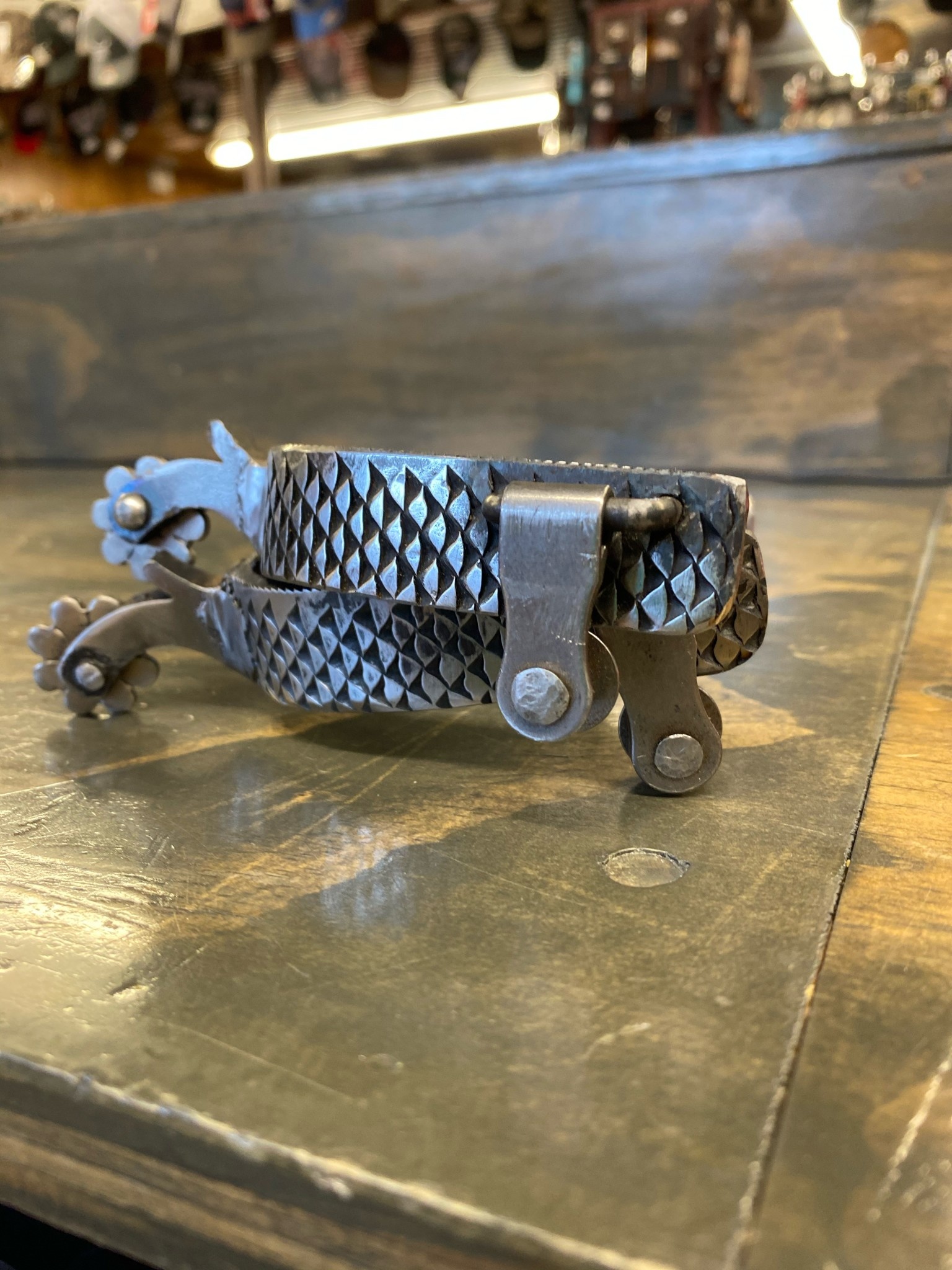 Chase Combs Leather Antiqued Stainless Steel Rasp Finish Spurs - Nelson ...