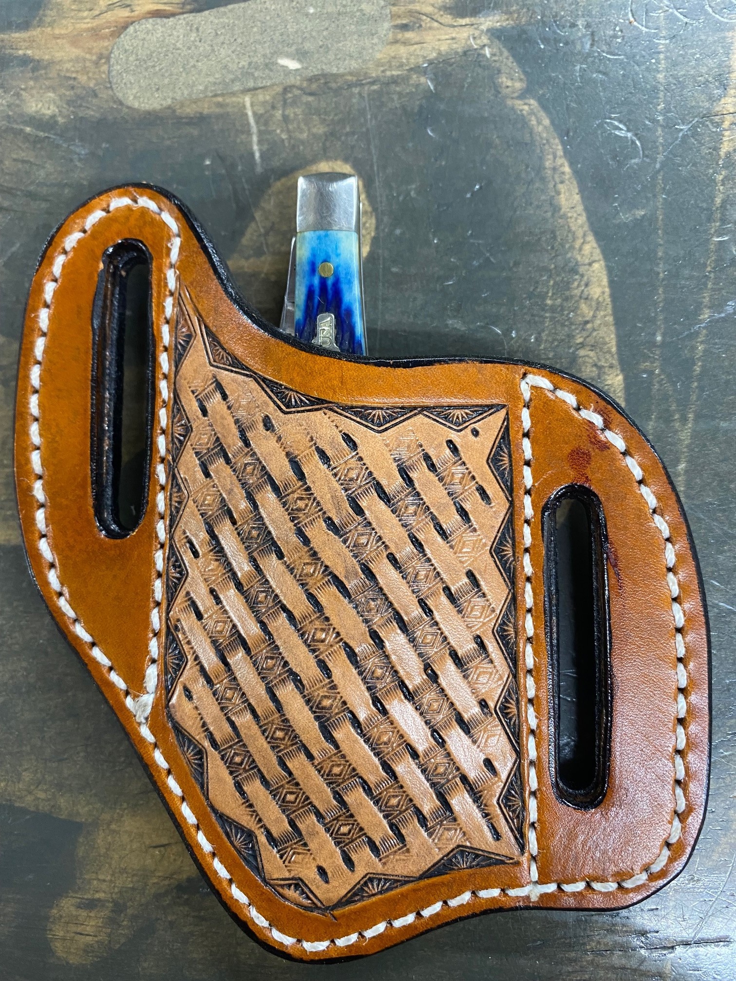 Chase Combs Leather Chestnut Oiled Basketweave Scalloped Handtooled ...