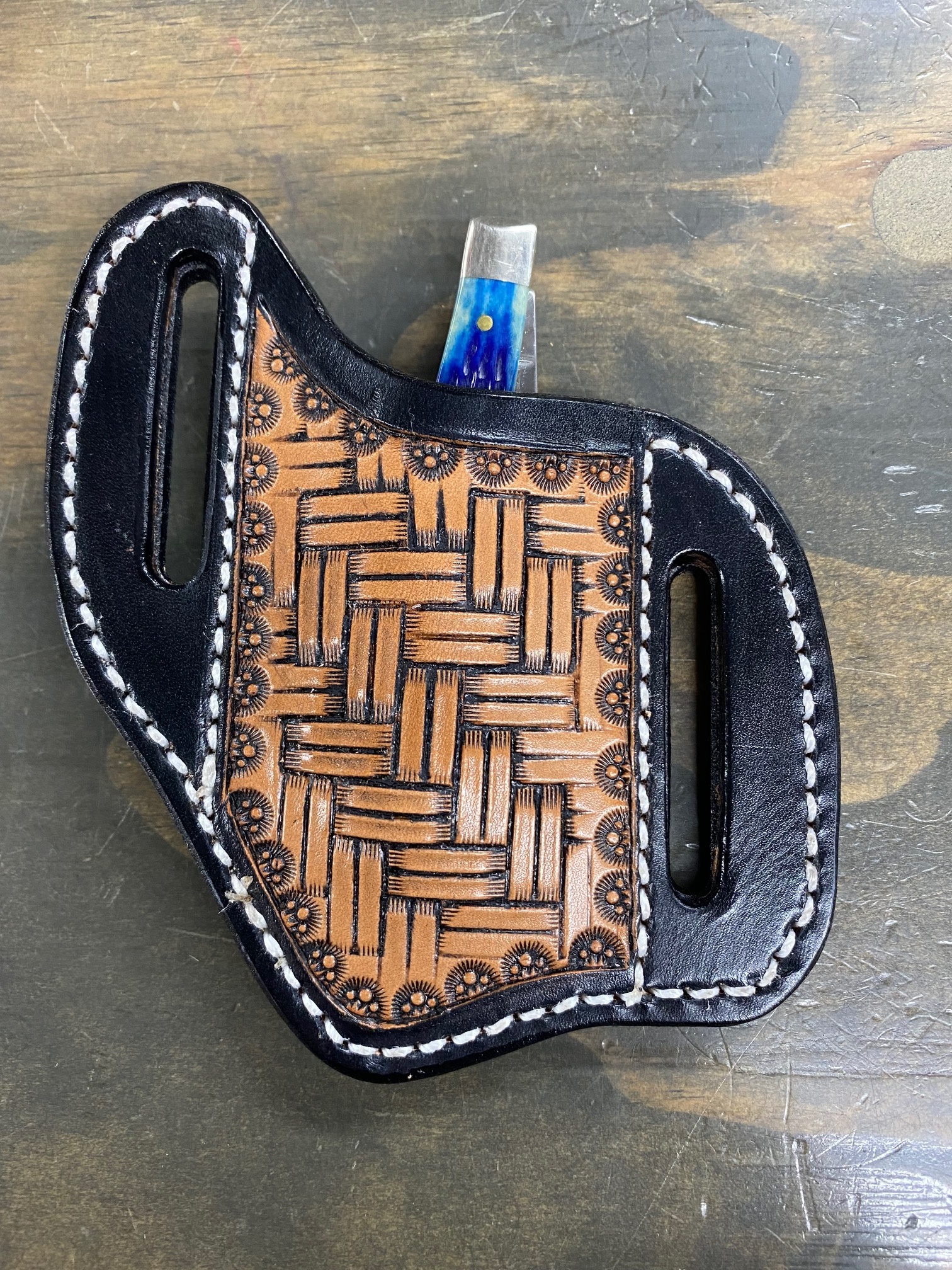 Chase Combs Leather Dark Chocolate Basketweave Handtooled Knife Sheath ...