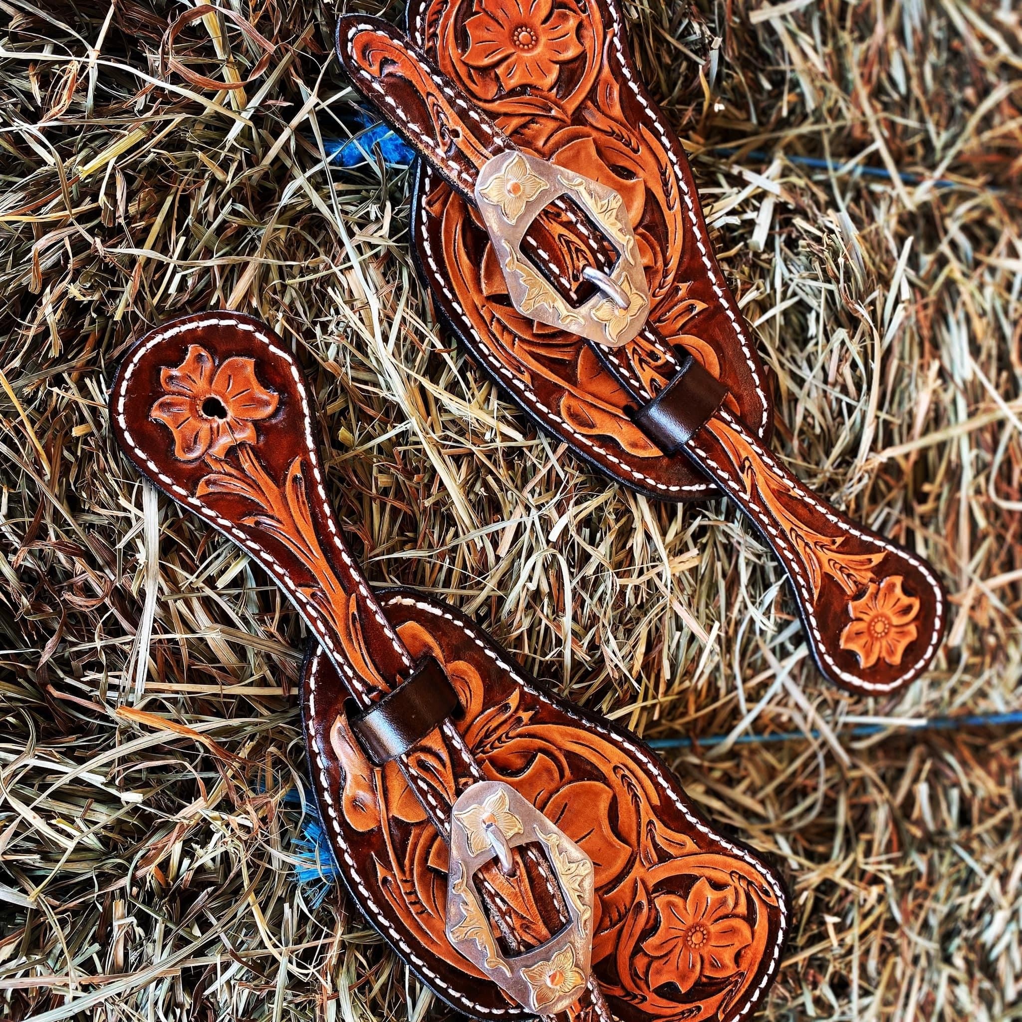 Chase Combs Leather Large Floral & Silver Buckle Spur Straps - Nelson ...