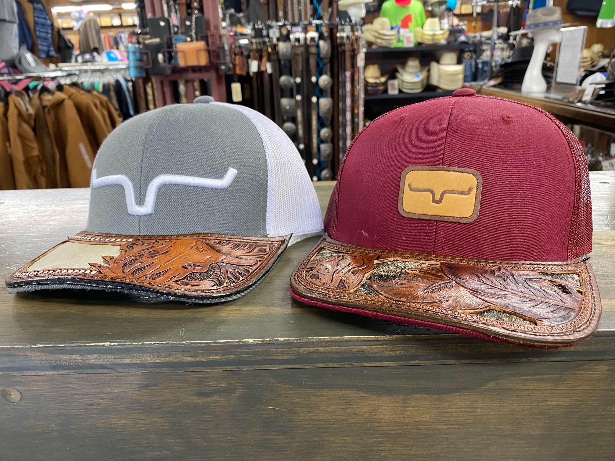 CCL Custom Hairon Feather Tooled Kimes Ranch Snapshot Burgundy Leather ...