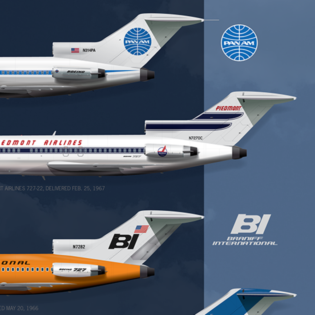 Classic Boeing 727 All 16 Liveries Art Poster 14" x 36" - Planewear