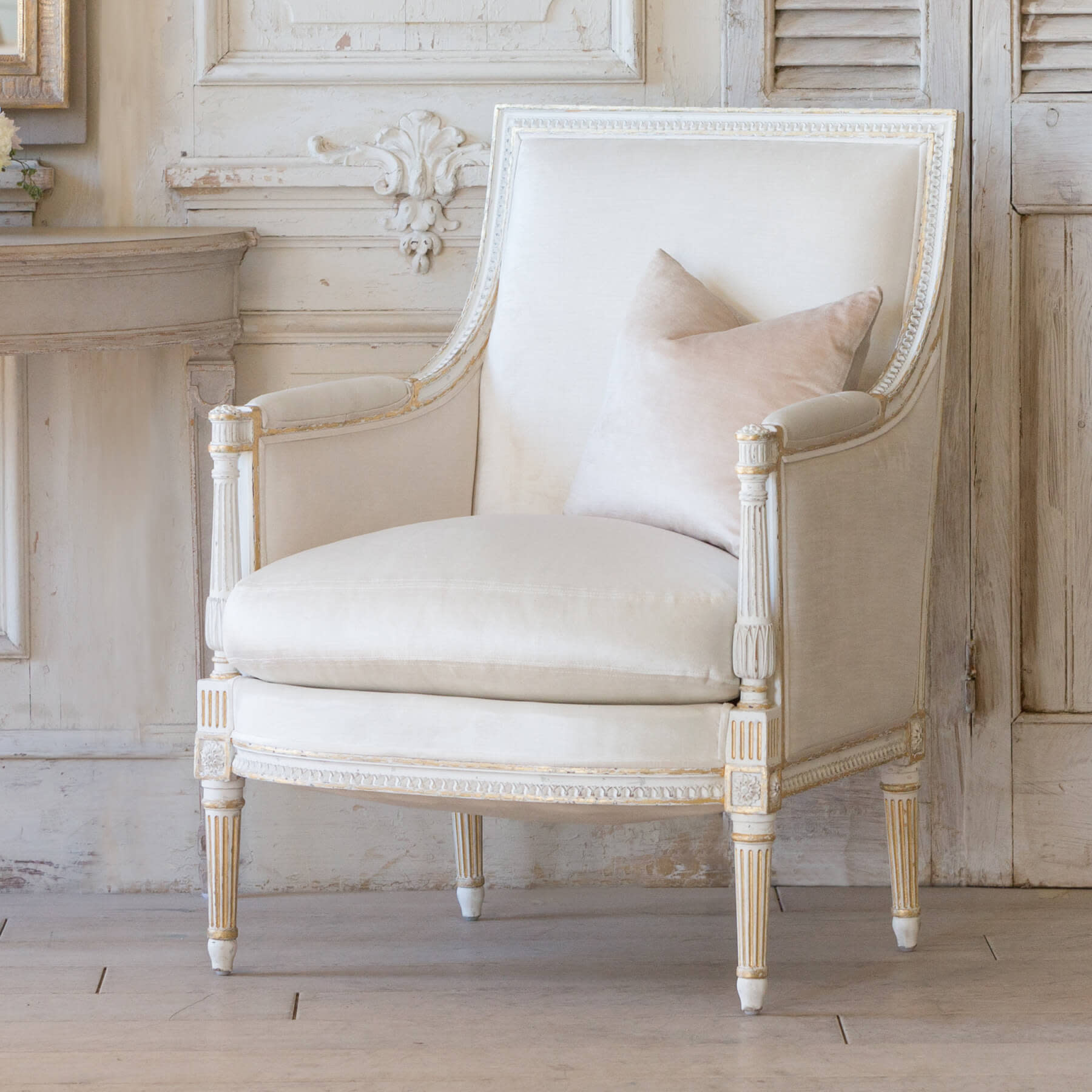 Eloquence Minerva Velvet Antique White Gold Leaf Accent Bergere Accent Armchair White Ivory