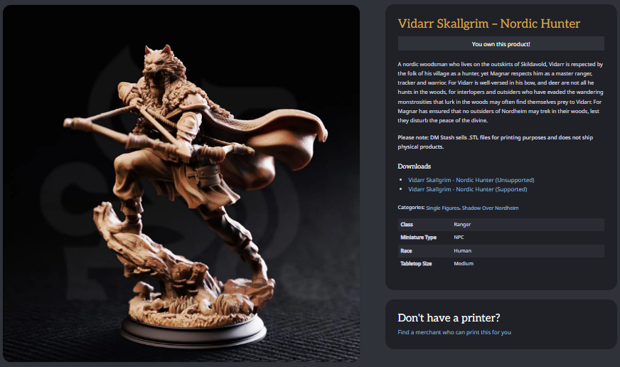 DM Stash 3D Printed Mini - Vidarr Skallgrim - Nordic Hunter - Medium ...
