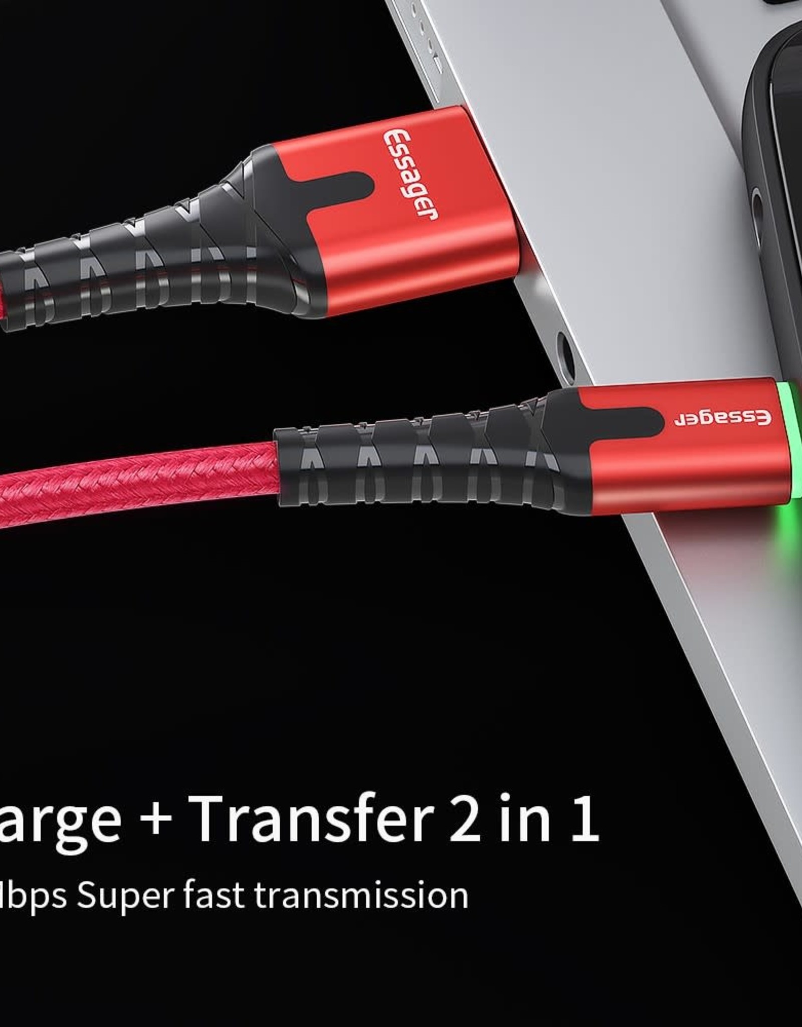 ESSAGER Micro USB to USB Nylon Braided Data Charging Cord w/ LED ...