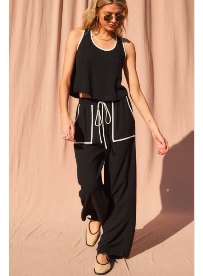 Linen Pants w/ Contrast Seams - Black / Ivory - Miss Monroe Boutique