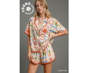 Tropical Picture Frames Camp Shirt w/ Rick Rack Trim - White / Orange ...