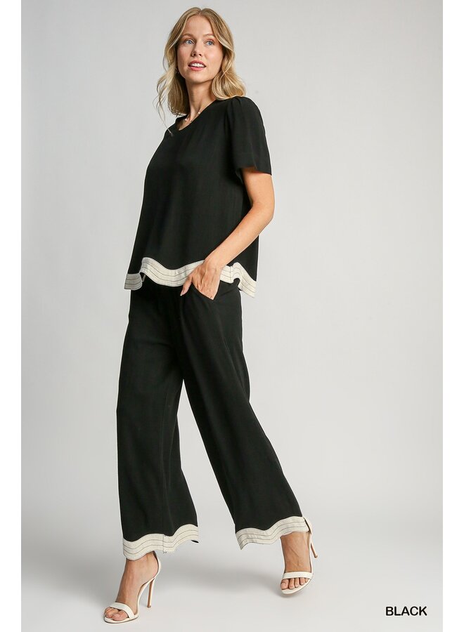 Black Gauze Pants w/ Rick Rack Border - Black & Tan - Miss Monroe Boutique