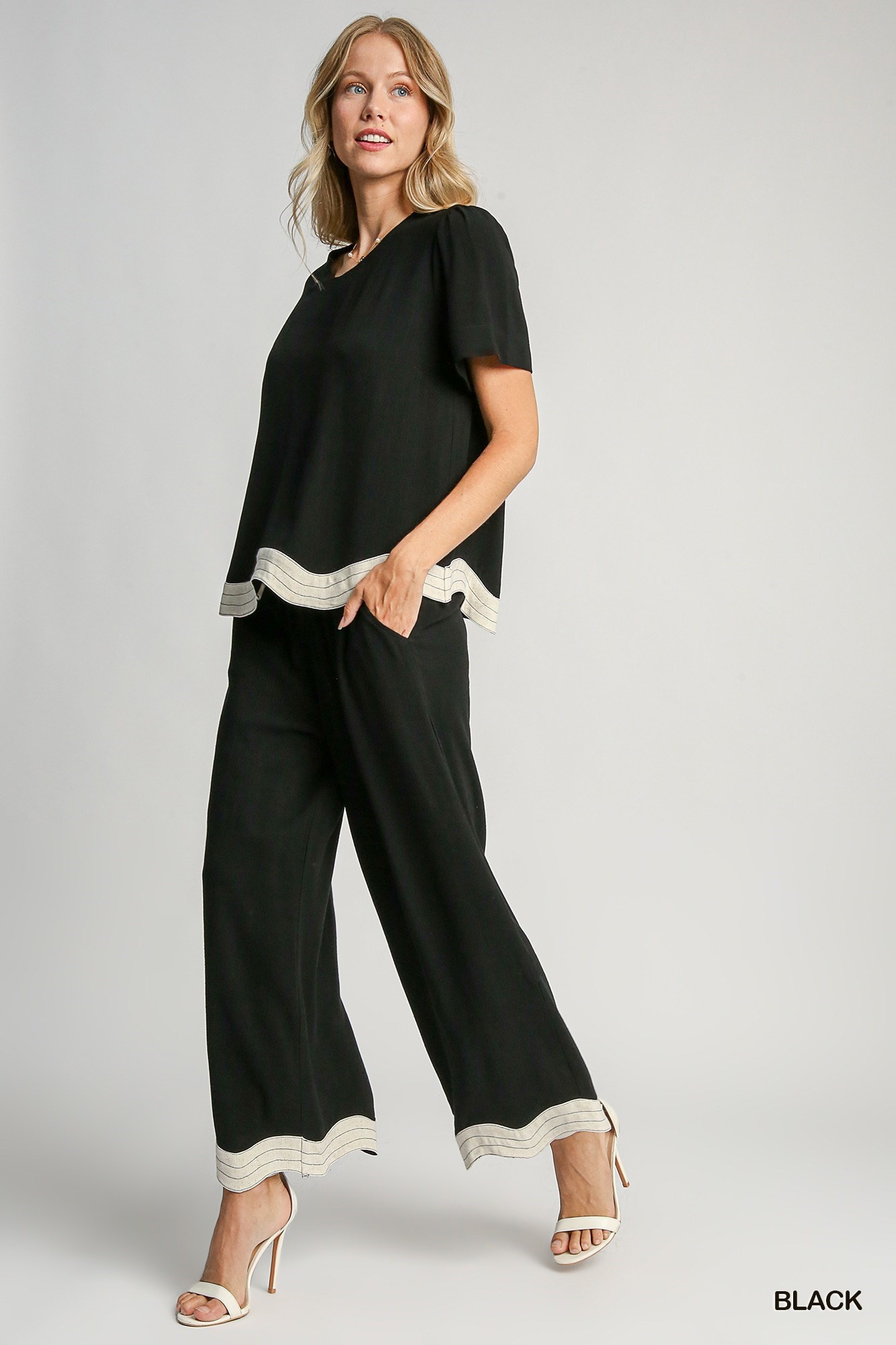Black Gauze Pants w/ Rick Rack Border - Black & Tan - Miss Monroe Boutique