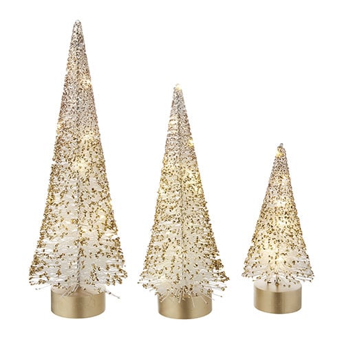 15" White w/Gold Glitter Lighted Bottle Brush Tree - Avondale Gift Boutique
