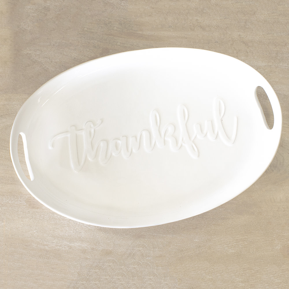 Thankful Embossed Platter White 18X4 - Blanton-Caldwell