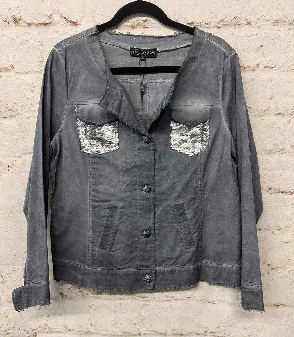 Grey Button up Jacket with Sequin Pockets - Blanton-Caldwell