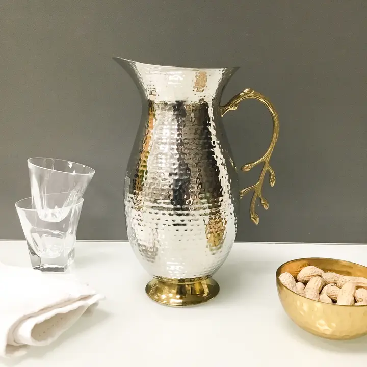 Round Hammered Stainless Steel Pitcher w/ Gold Leaf Handle - Blanton ...