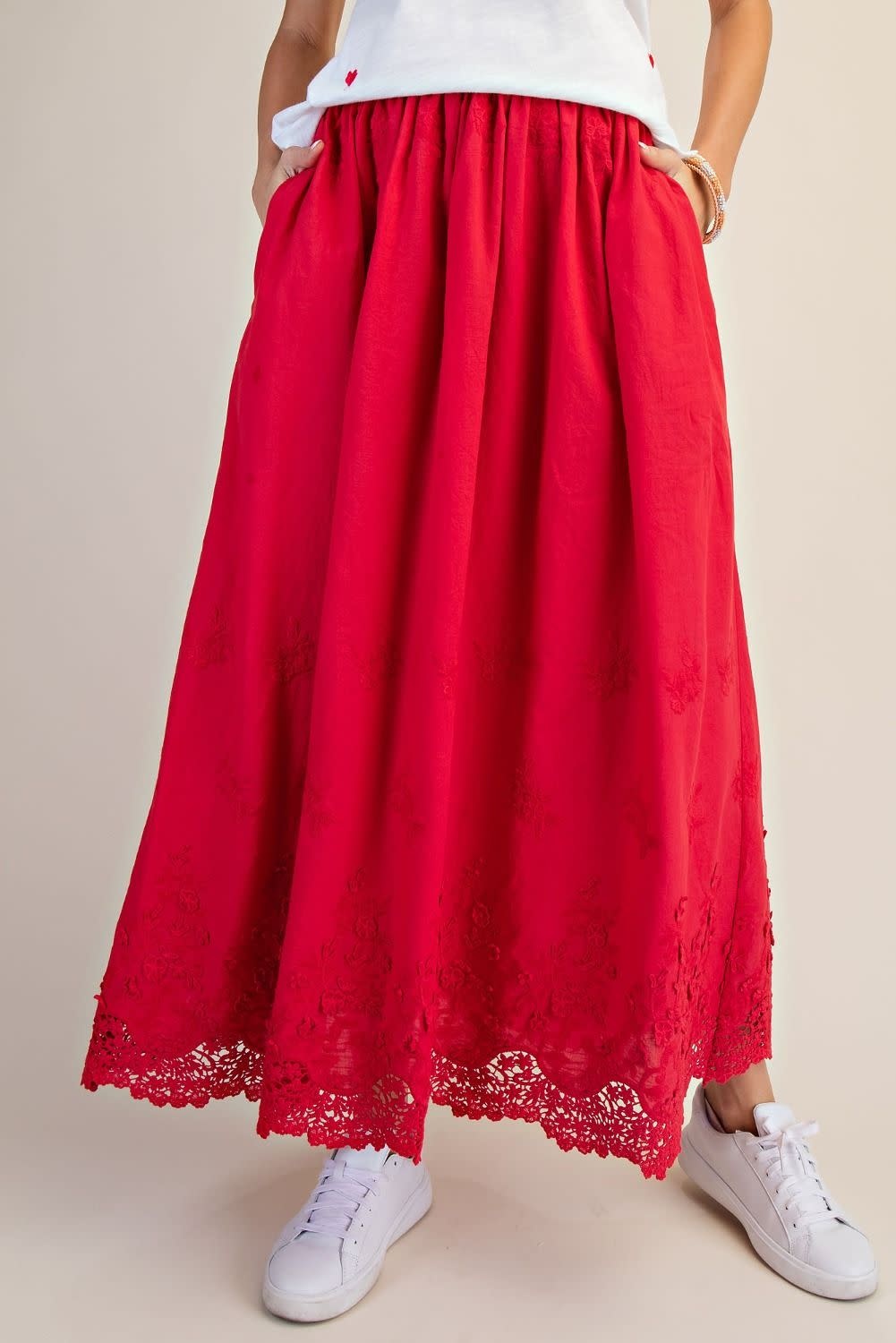 Allison Embroidered Lace Hem Red Maxi Skirt - Blanton-Caldwell