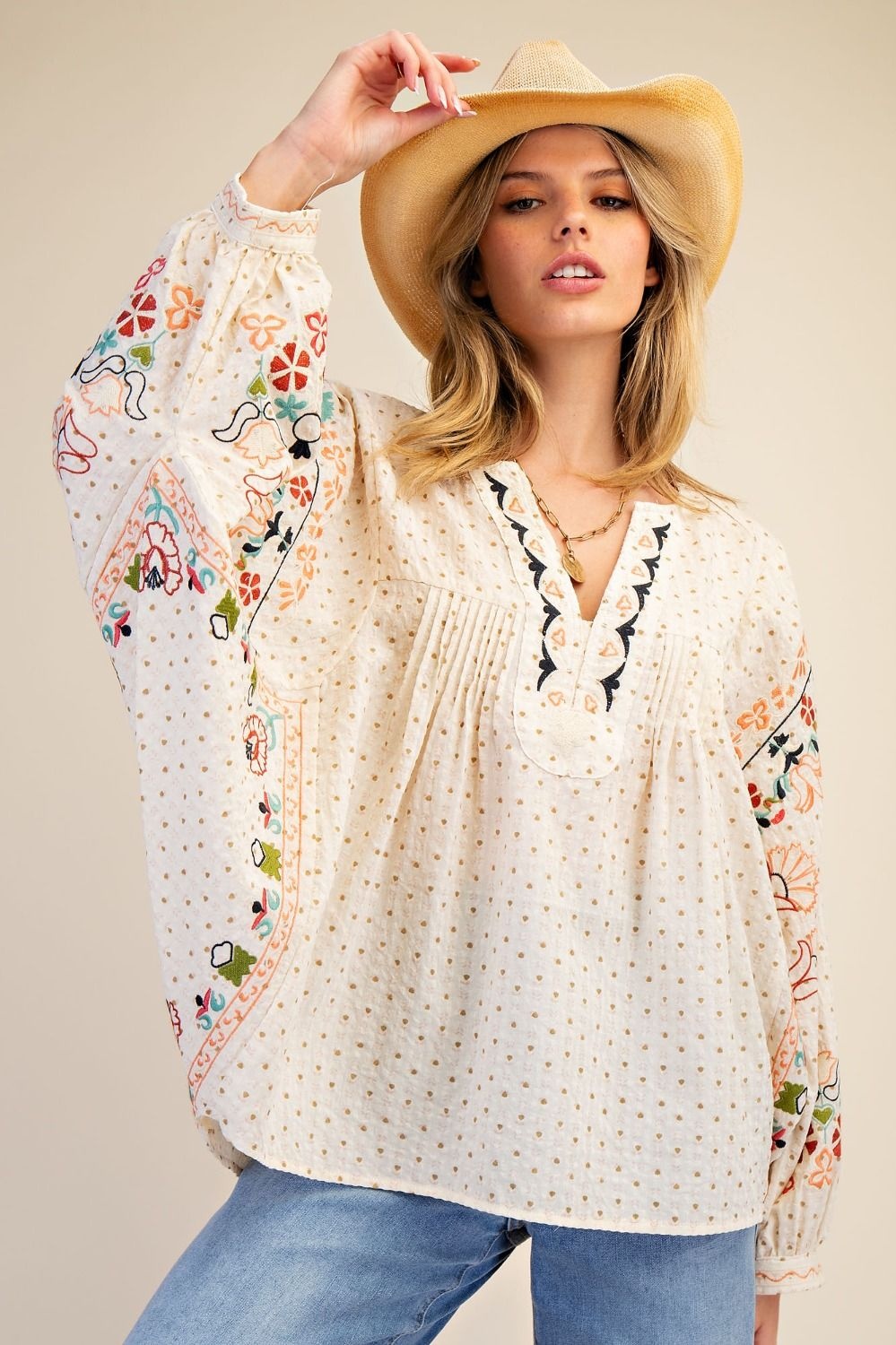 Helena Embroidered Polka Dot Swing Top - Blanton-Caldwell