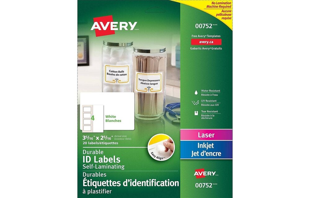 Avery LABELS-SELF LAMINATING, EASY ALIGN 3-5/16X2-5/16 20/PK 00752 ...