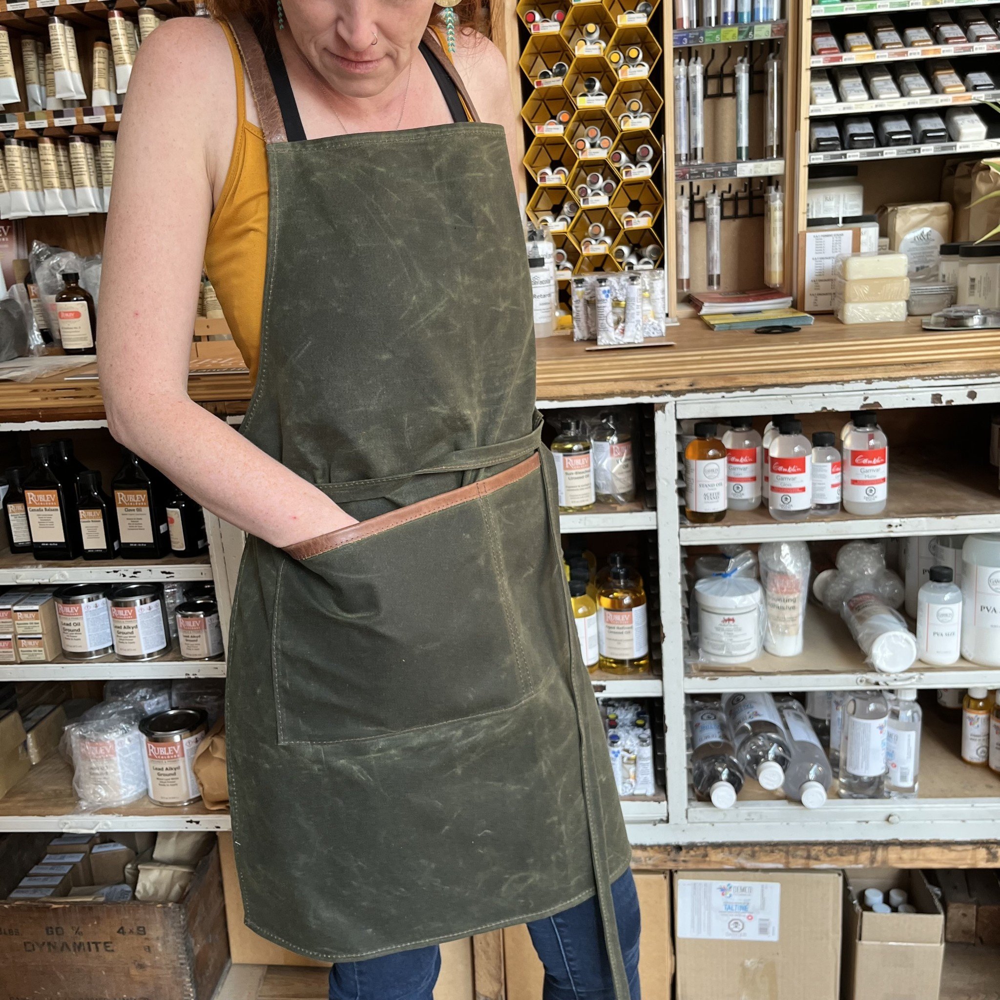 Melanie Hazel Waxed Canvas Apron with Leather Accent | ARTiculations - ARTiculations