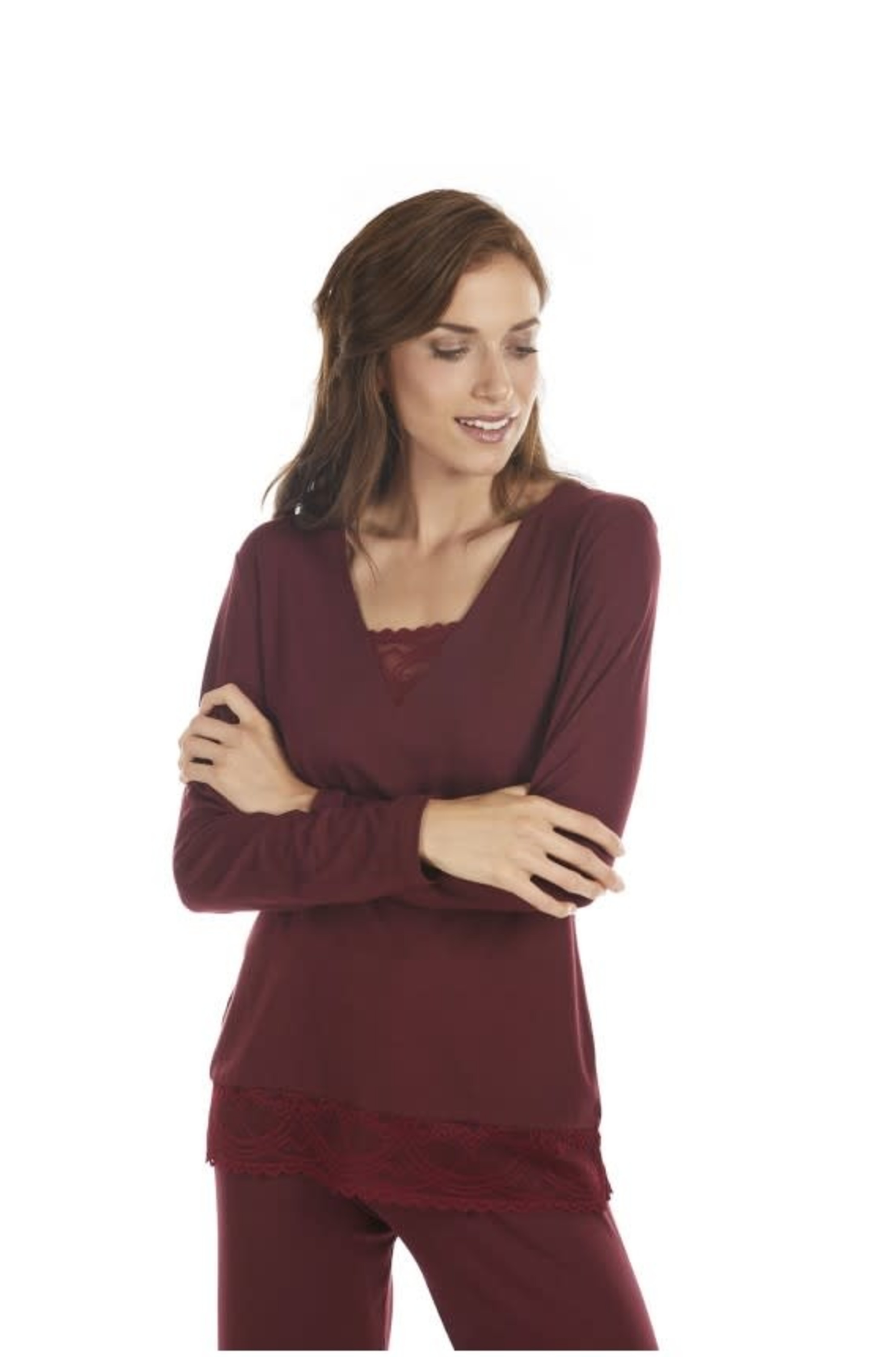 Pyjama 2 pcs Manches Longues Col en V avec Dentelle et Pantalon Long ...