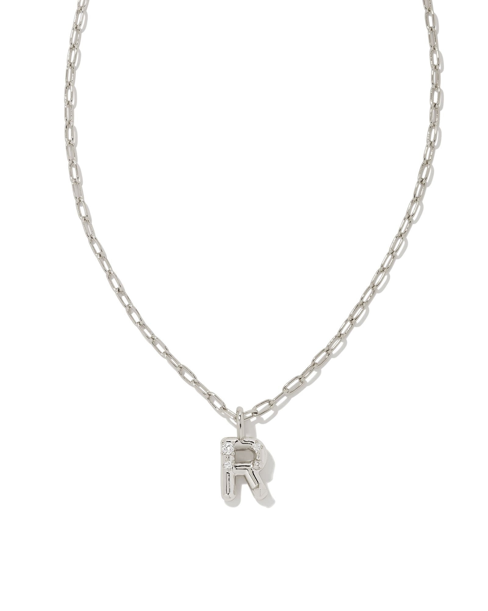 Kendra Scott Crystal Letter R Silver Short Pendant Necklace in White C ...