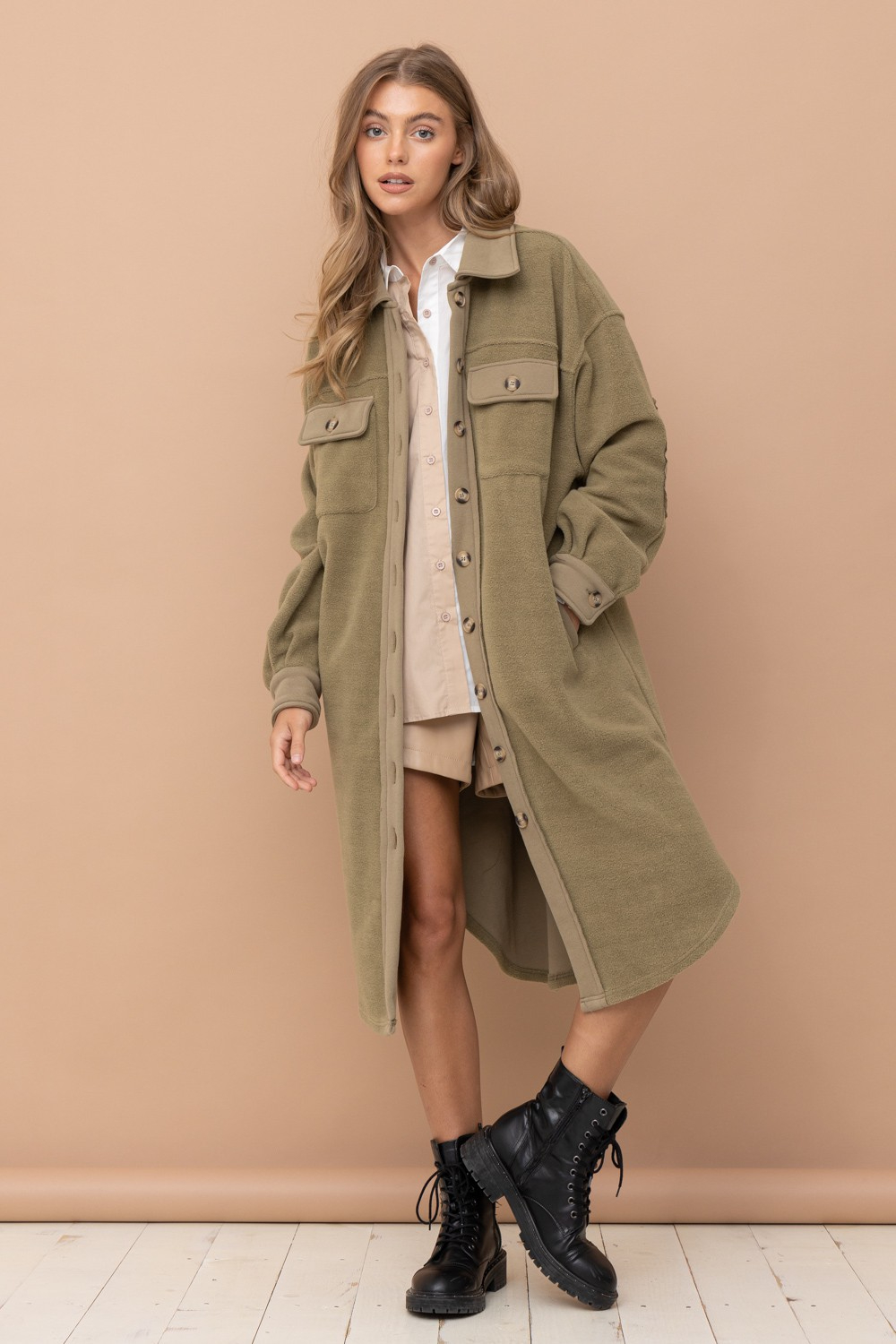 Isabel Long Coat in Olive - Her Hide Out