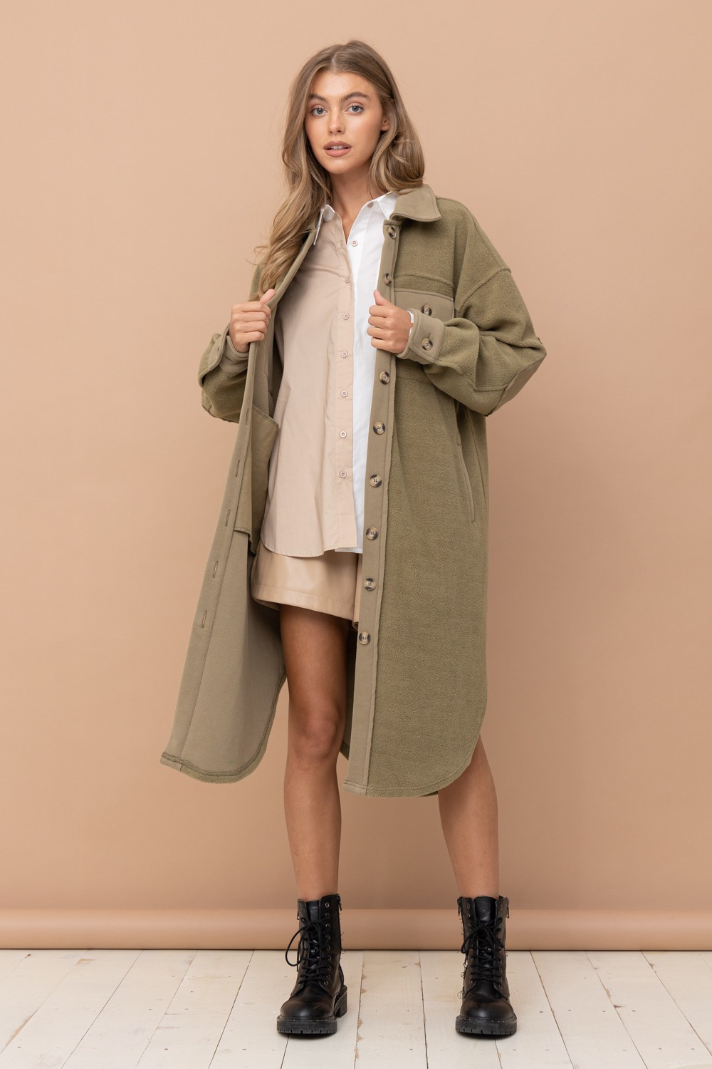 Isabel Long Coat in Olive - Her Hide Out