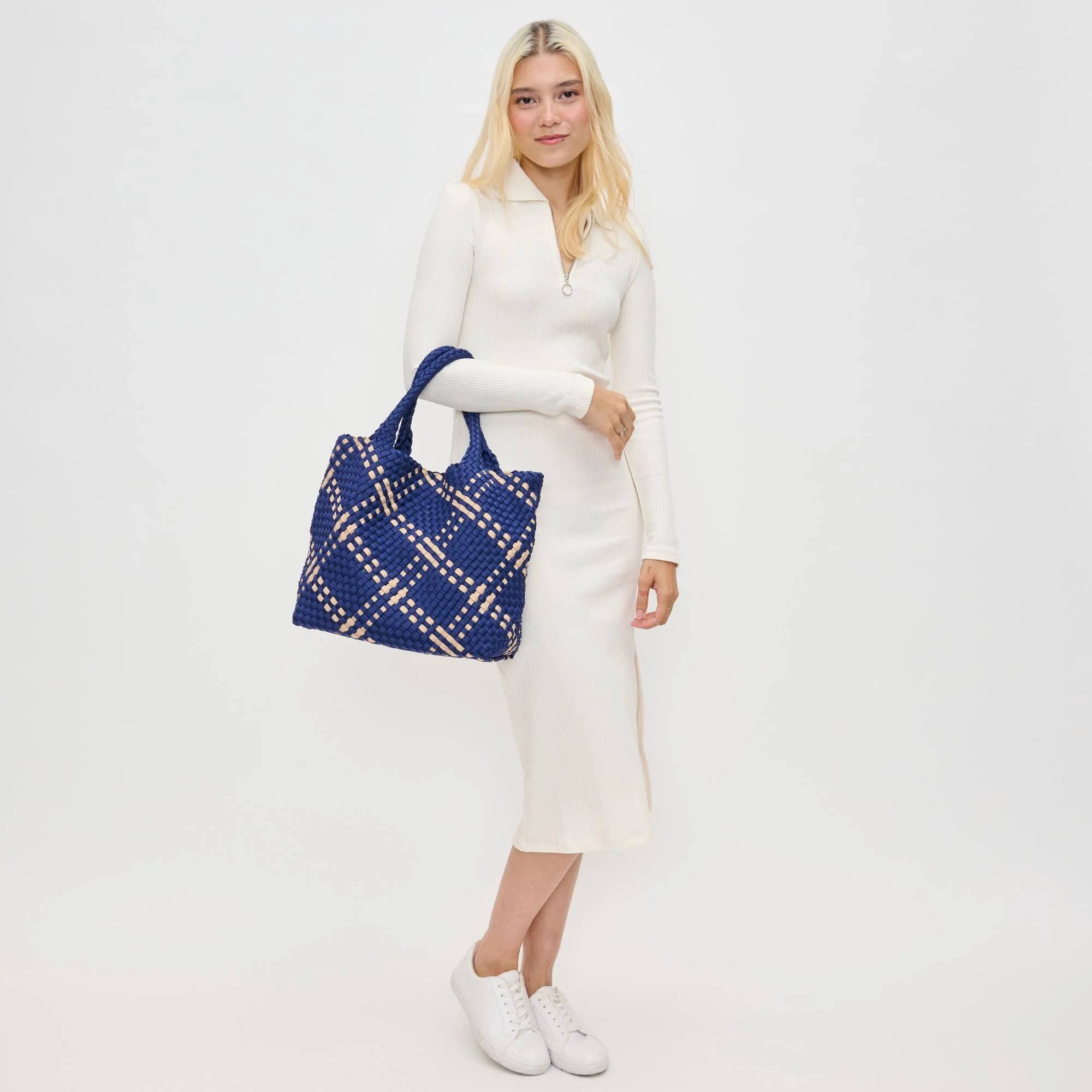 Sol & Selene Sky's The Limit Woven Neoprene Medium Tote in Navy & Nude - Her Hide Out