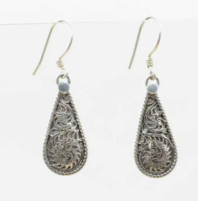 Filigree Teardrop Silver Earrings - Villages Calgary
