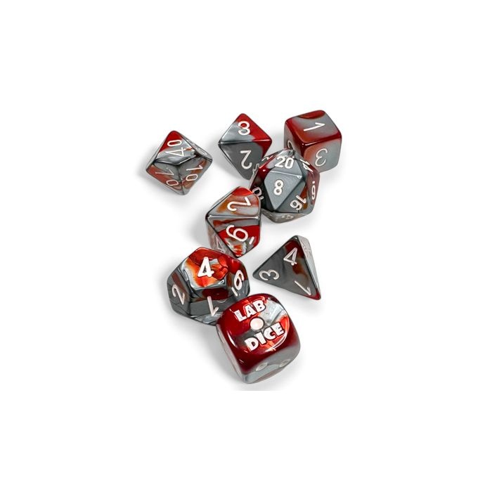 7-set Tube Lab Dice: Gemini Red Steel/white - Black Diamond Games